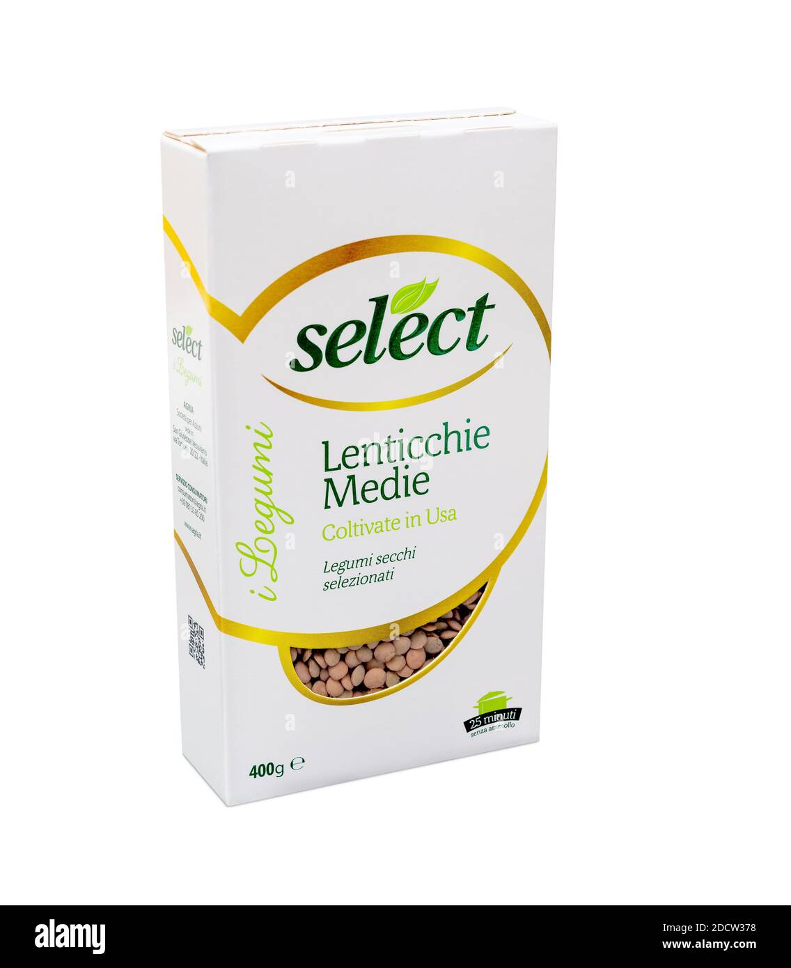 Italy - October 2020:Select brand dried lentils pack 400 g illustrative ...