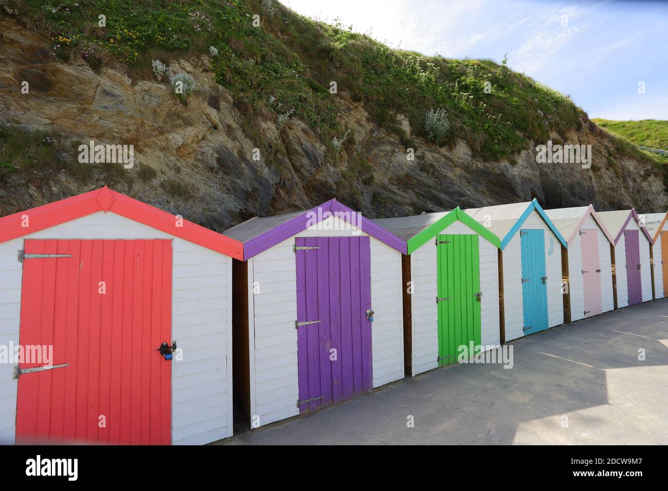Colourful beach huts, Newquay, Cornwall, England, Great Britain Stock ...