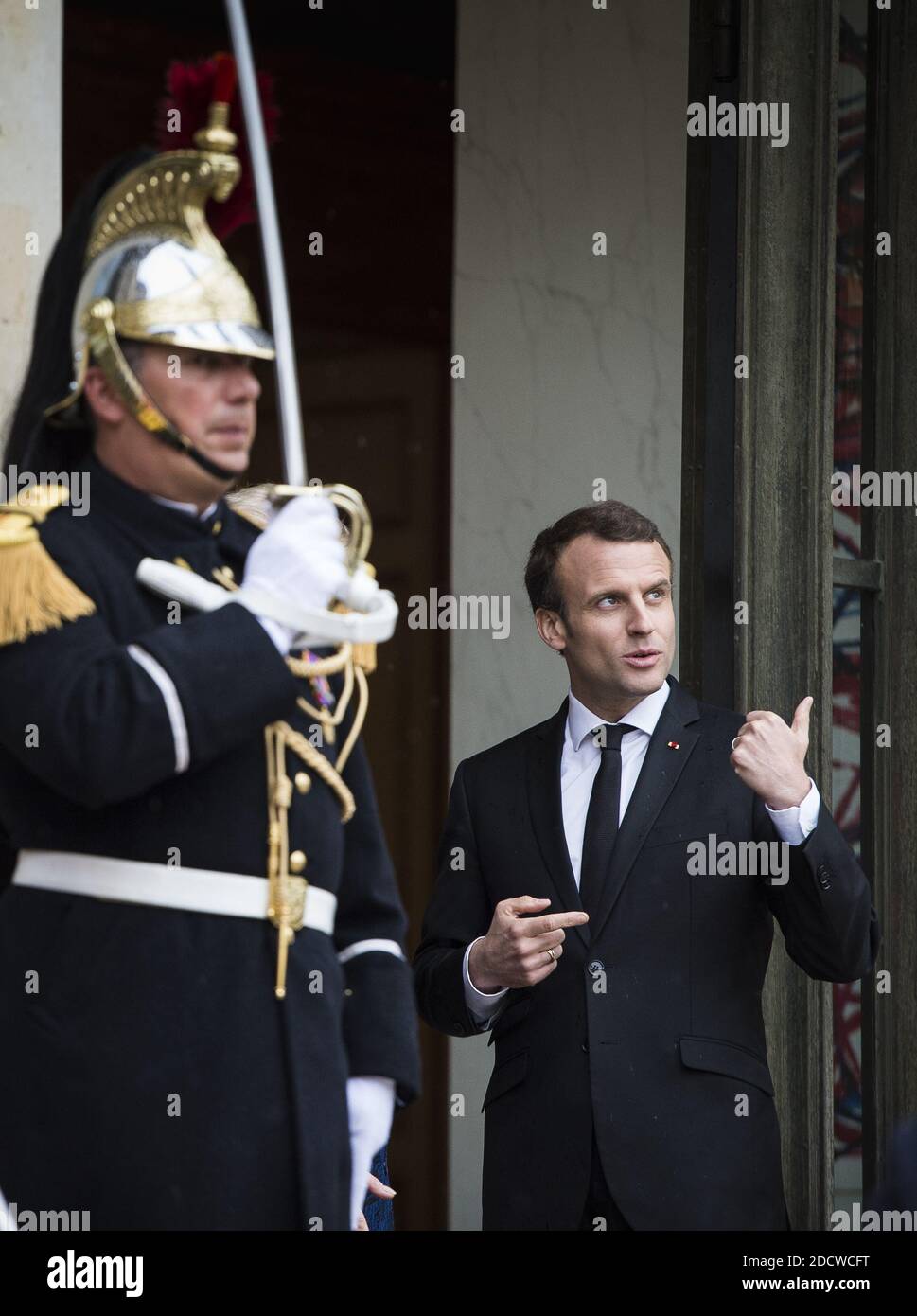 French President Emmanuel Macron gestures at Elysee Palace in Paris ...