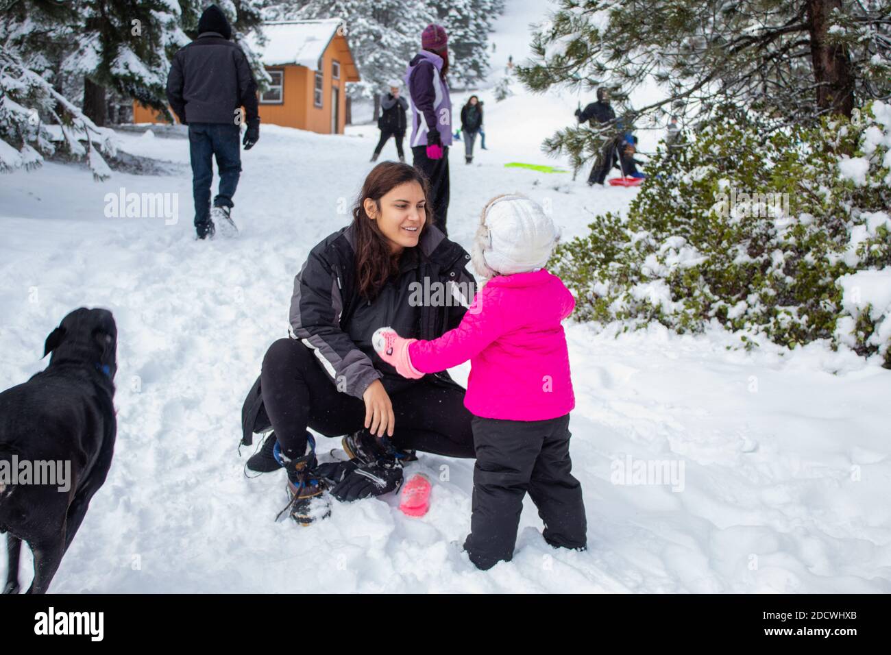 Happy mother and daughter smiling in a snowy forest Stock Photo - Alamy