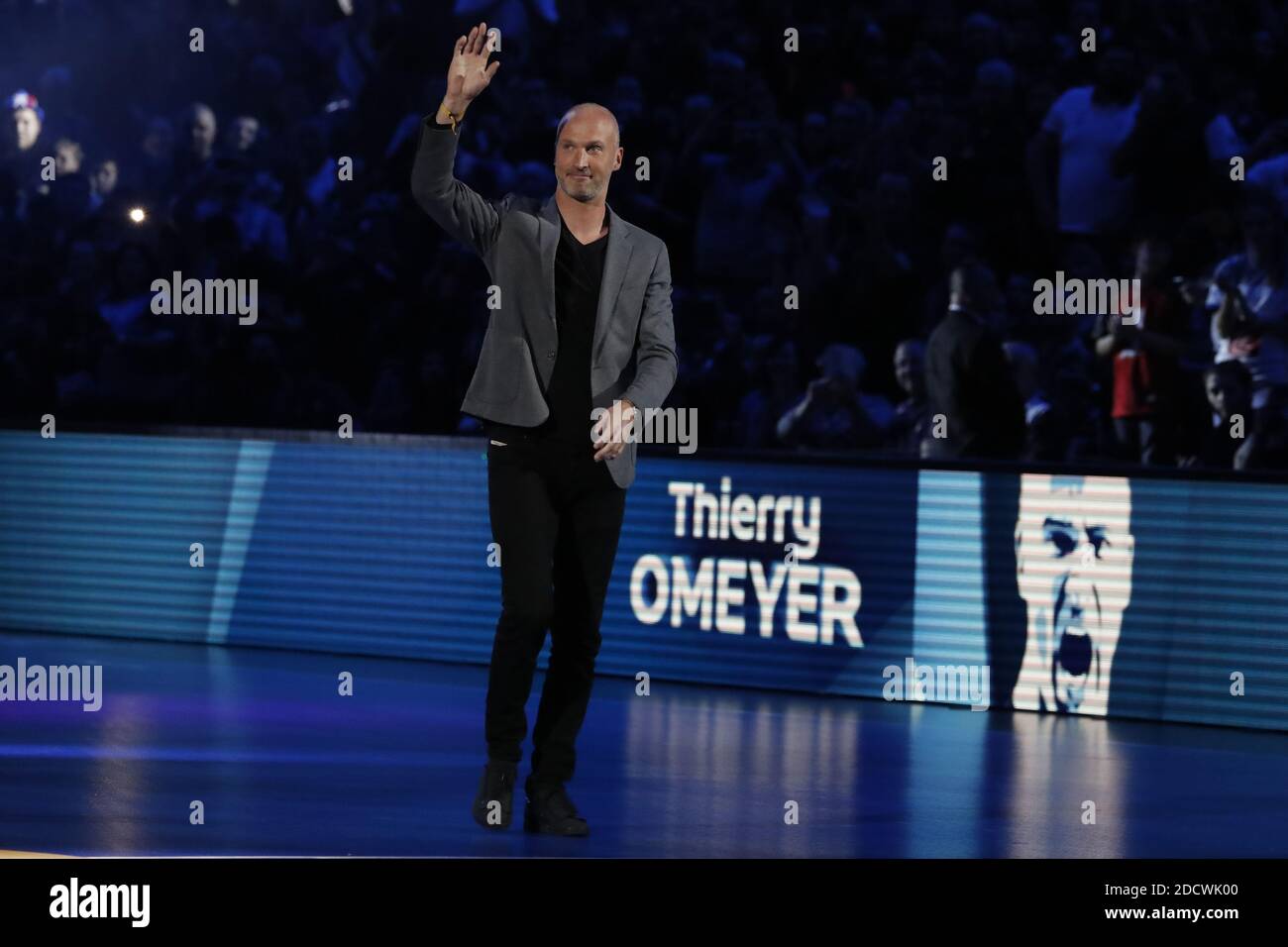 France's legendary goalkeeper Thierry Omeyer is presented to the crowd ...