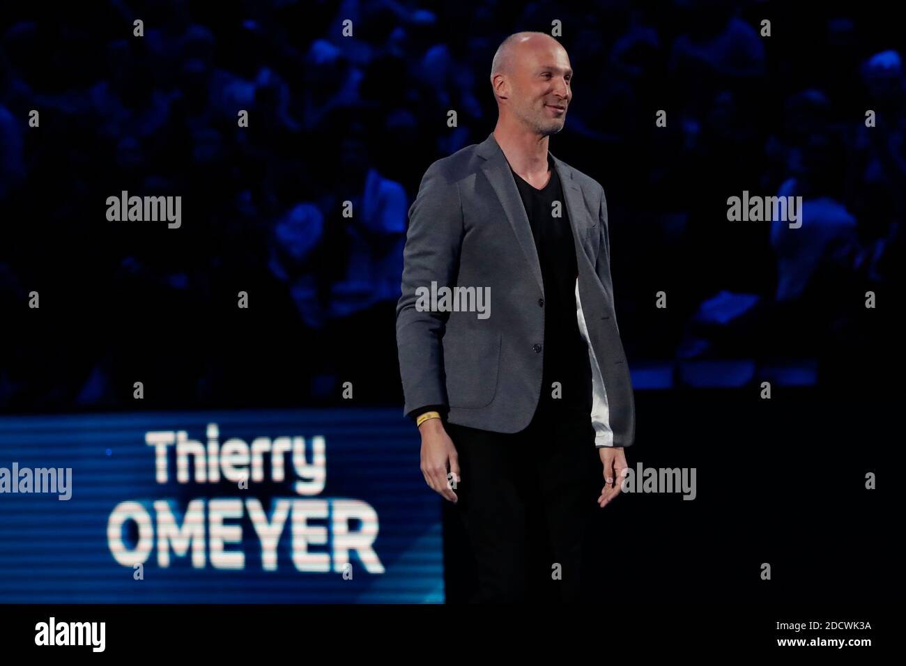 France's legendary goalkeeper Thierry Omeyer is presented to the crowd ...