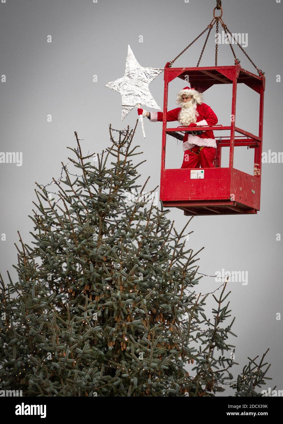 Santa Claus uses a crane to place the star on top of the Christmas tree ...
