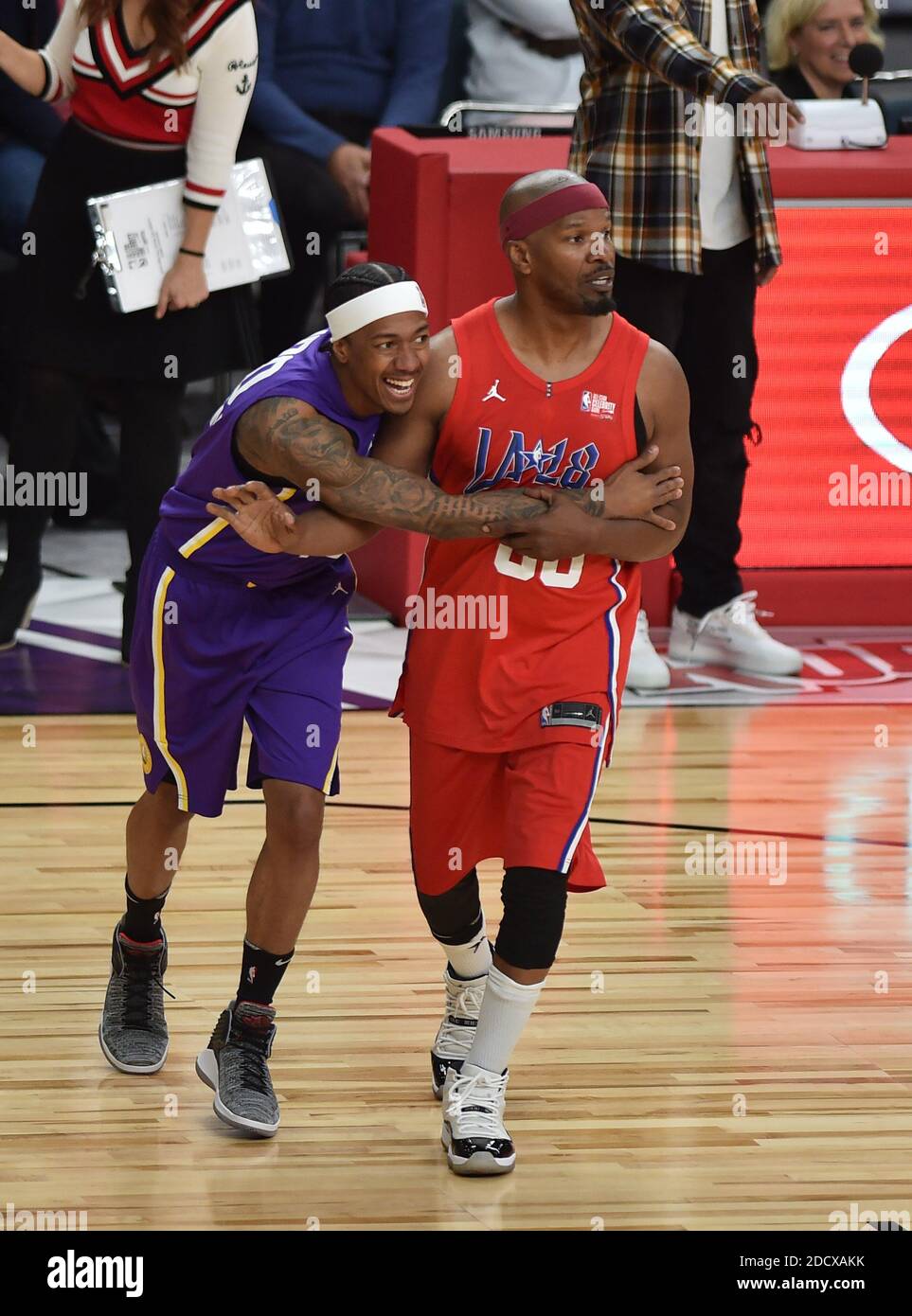 Jamie Foxx and Nick Cannon during the NBA All-Star Celebrity Game 2018 ...