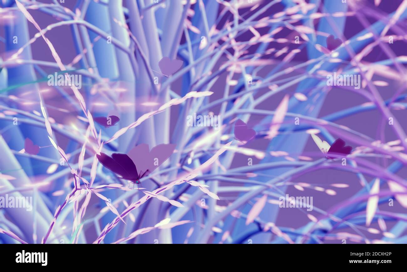 beautiful low poly violet butterfly sitting branch in fairy forest ...