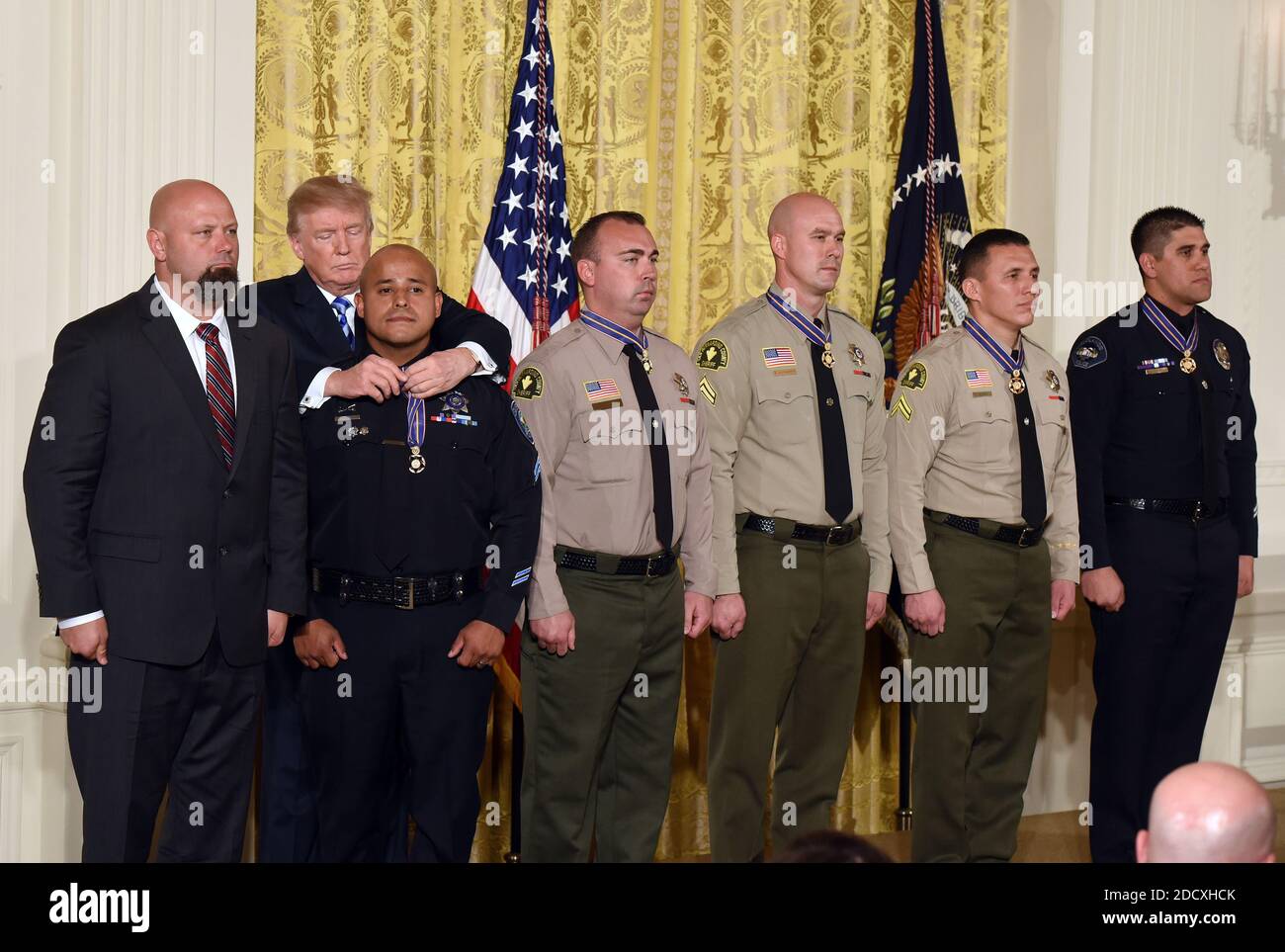 U.S. President Donald Trump presents the Public Safety Medal of Valor ...