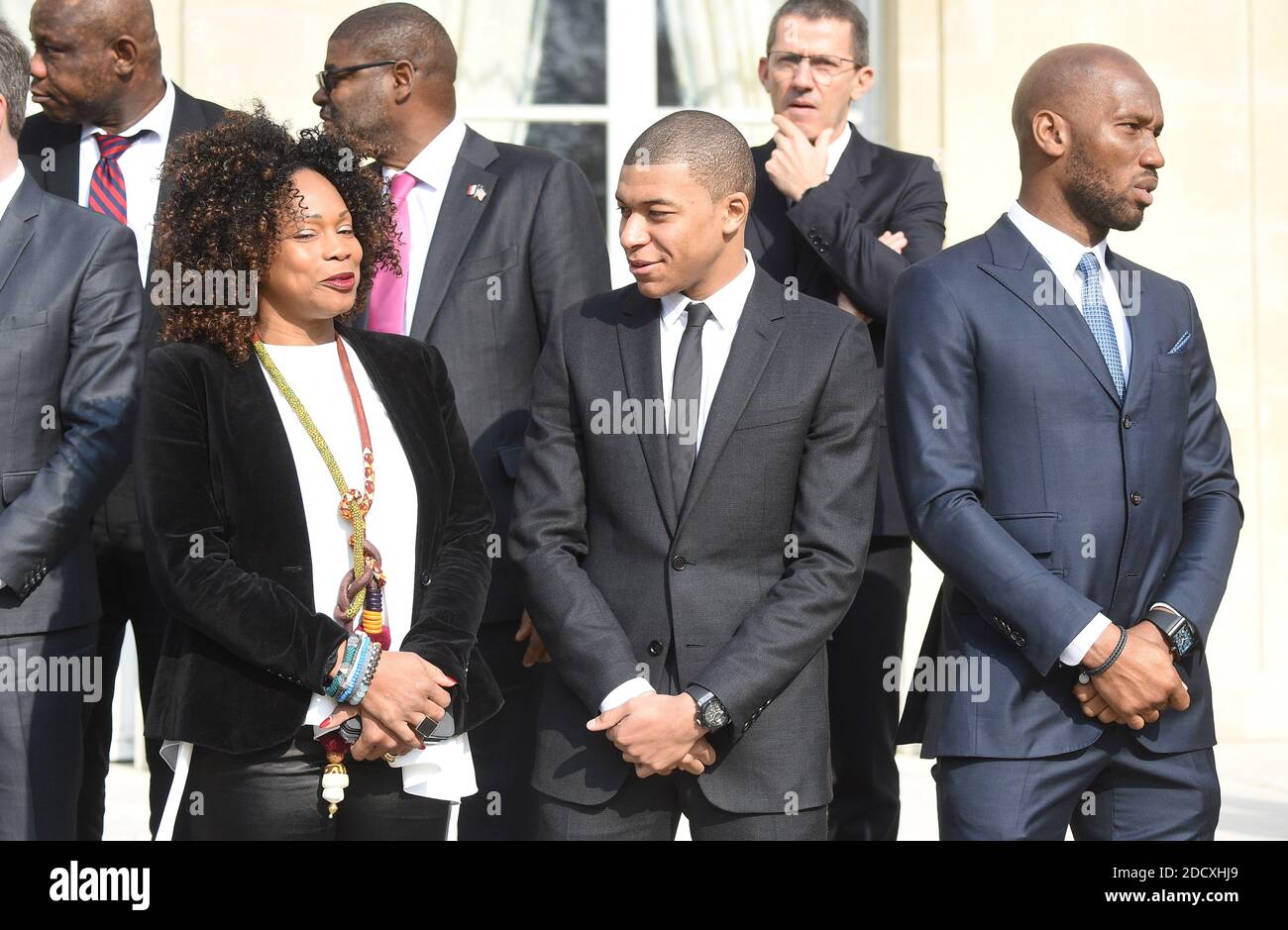 French President Emmanuel Macron, Liberian President George Weah and ...