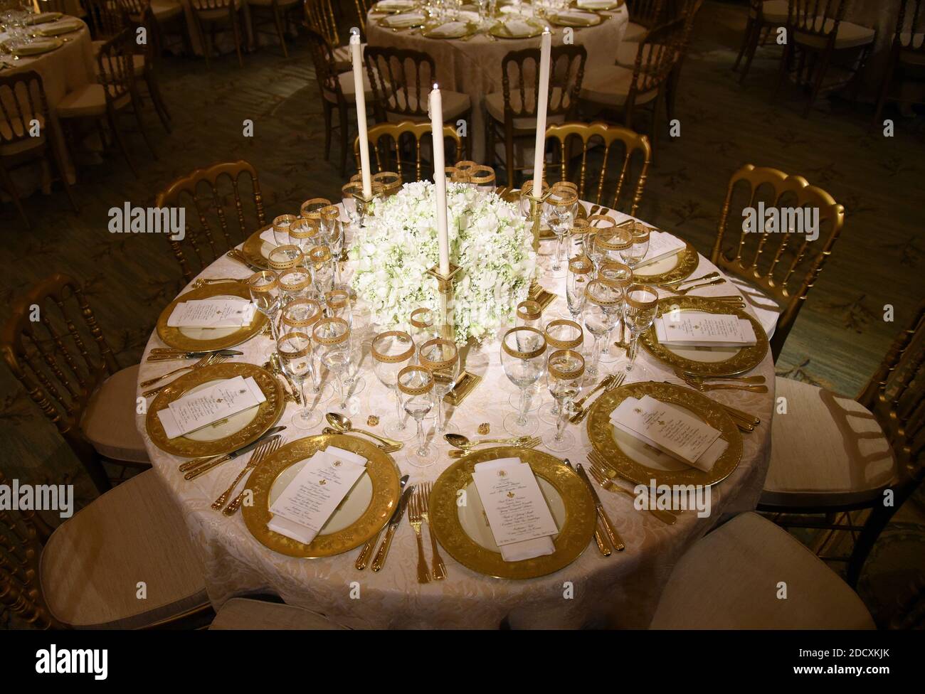 Tables during a press preview of a State Dinner in honor of the French ...