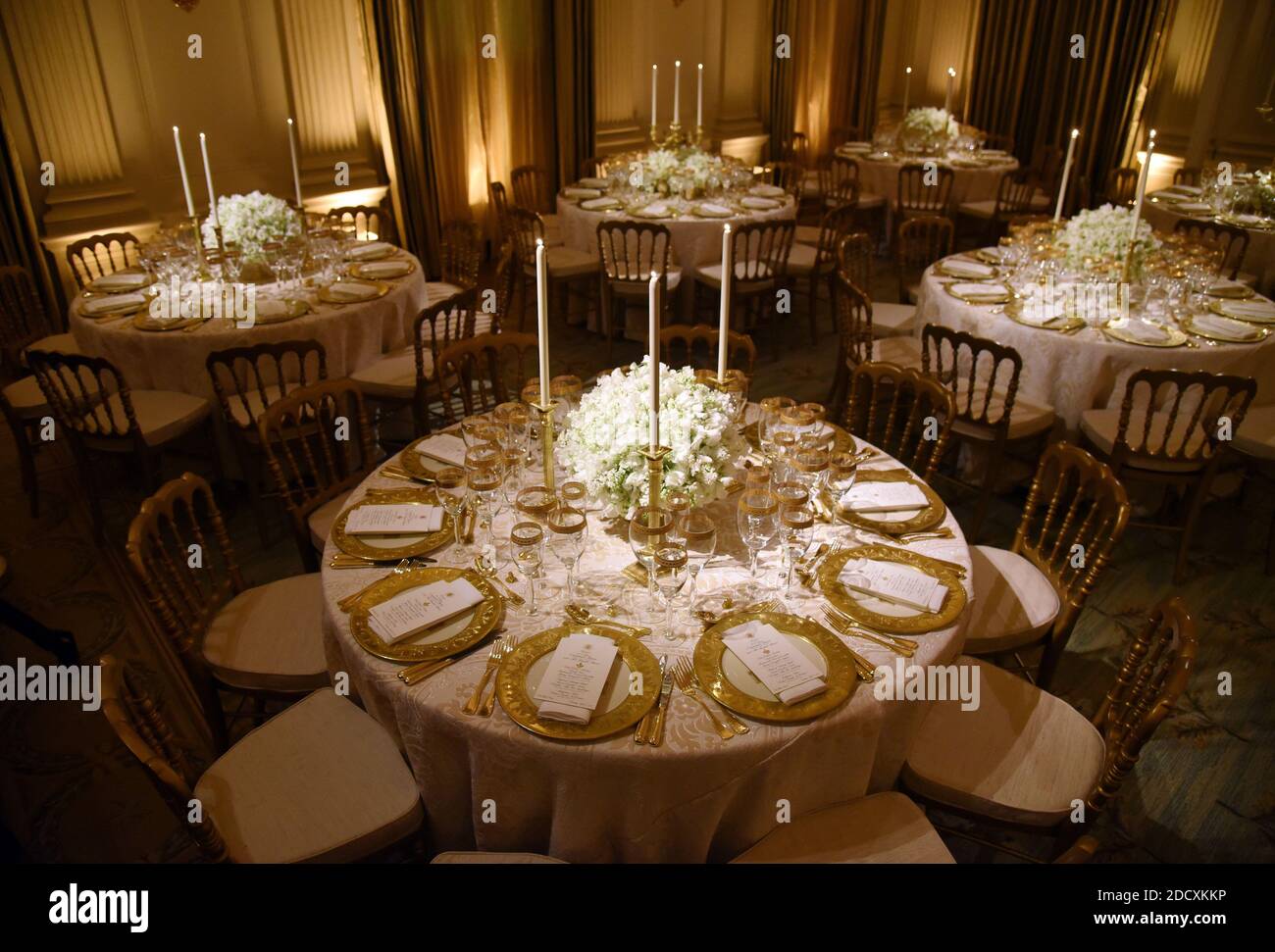 Tables during a press preview of a State Dinner in honor of the French ...