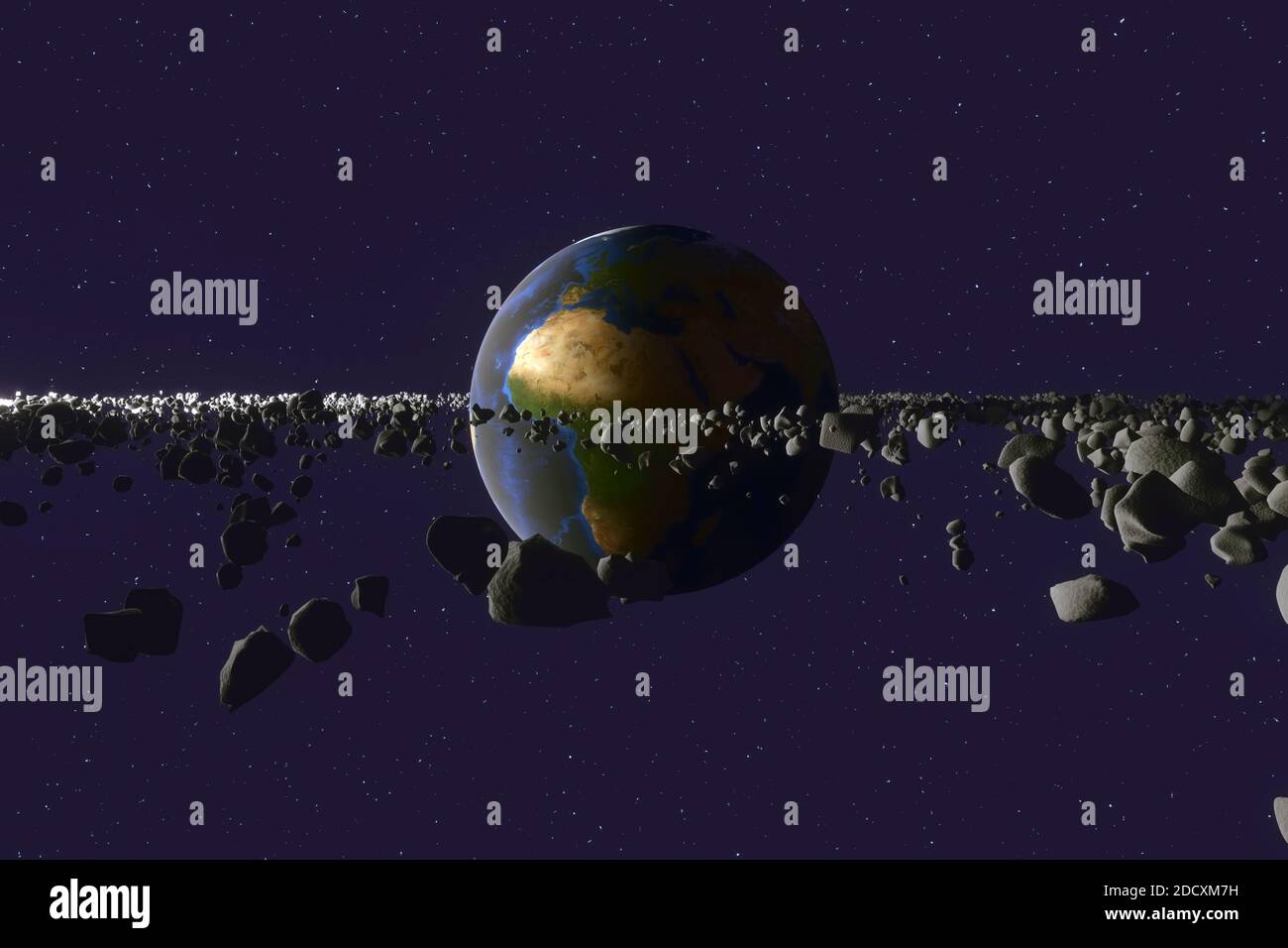 Ring of meteorites, asteroids around planet Earth, close-up. Fantasy 3d ...