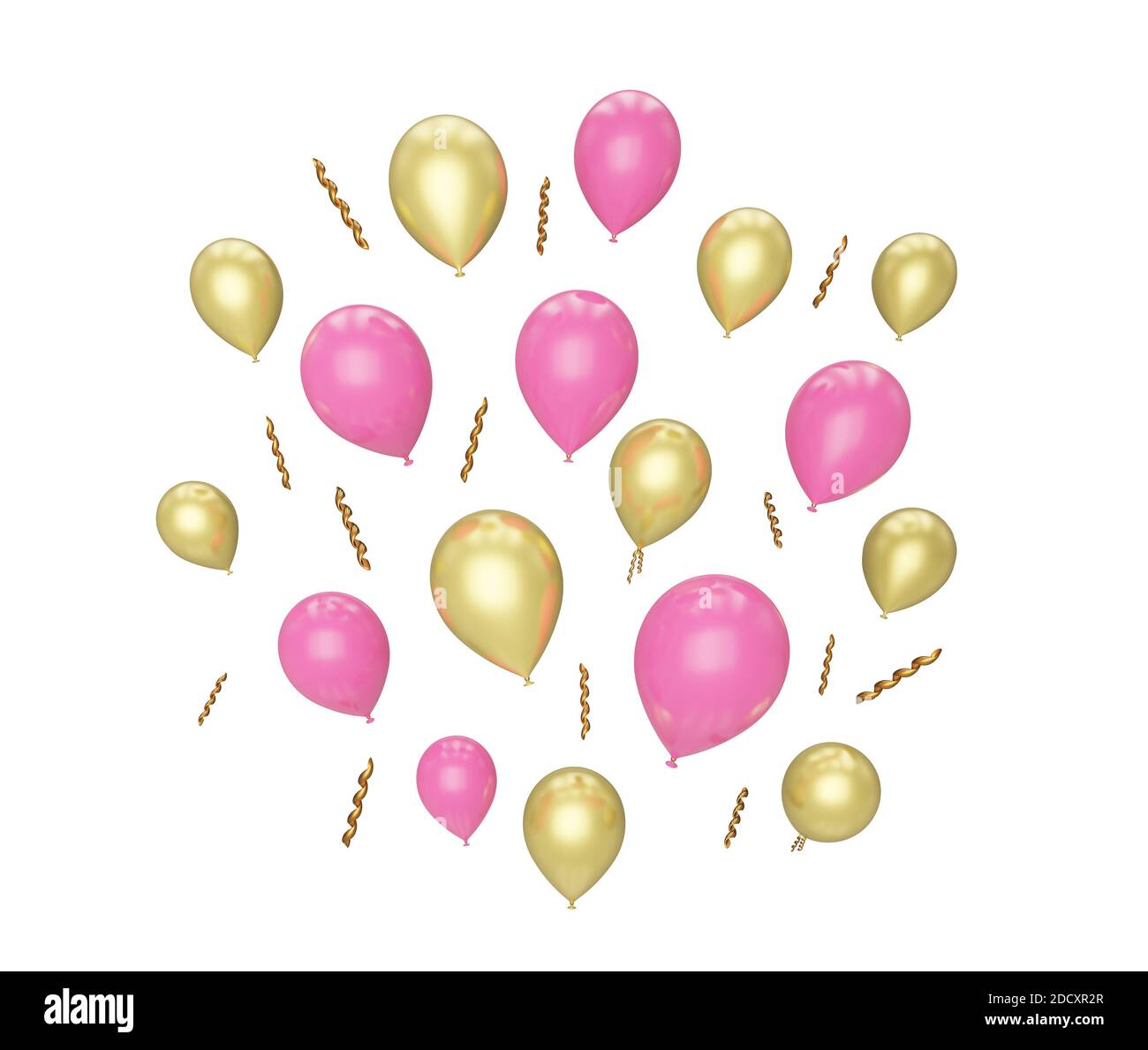 many flying pink and yellow color balloons isolated on white, 3d render ...