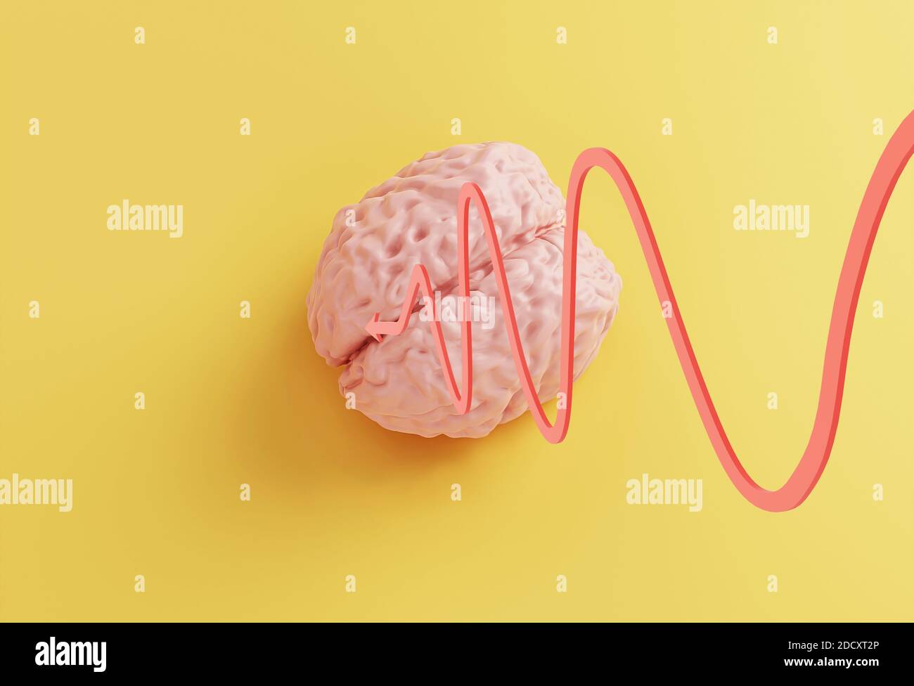 human pink brain model and arrow pointing to it on yellow background ...