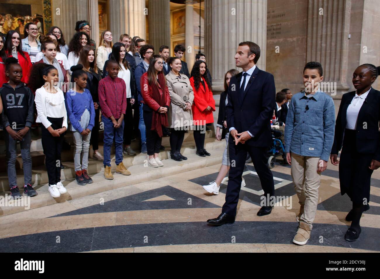 French President Emmanuel Macron arrives with children at the Pantheon ...