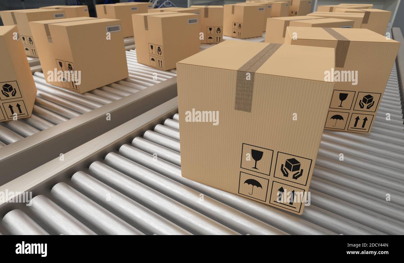 Conveyor with many cardboard boxes. Package delivery concept. 3D ...