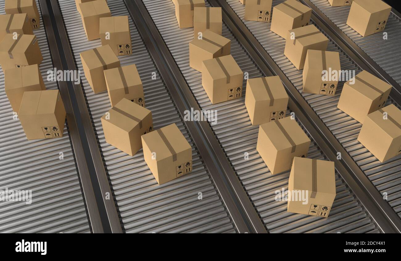 Conveyor with many cardboard boxes. Package delivery concept. 3D ...