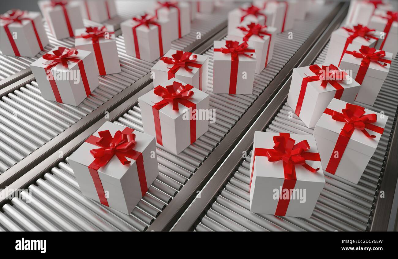Christmas gifts shipping. Many gifts on conveyor. 3D rendered ...