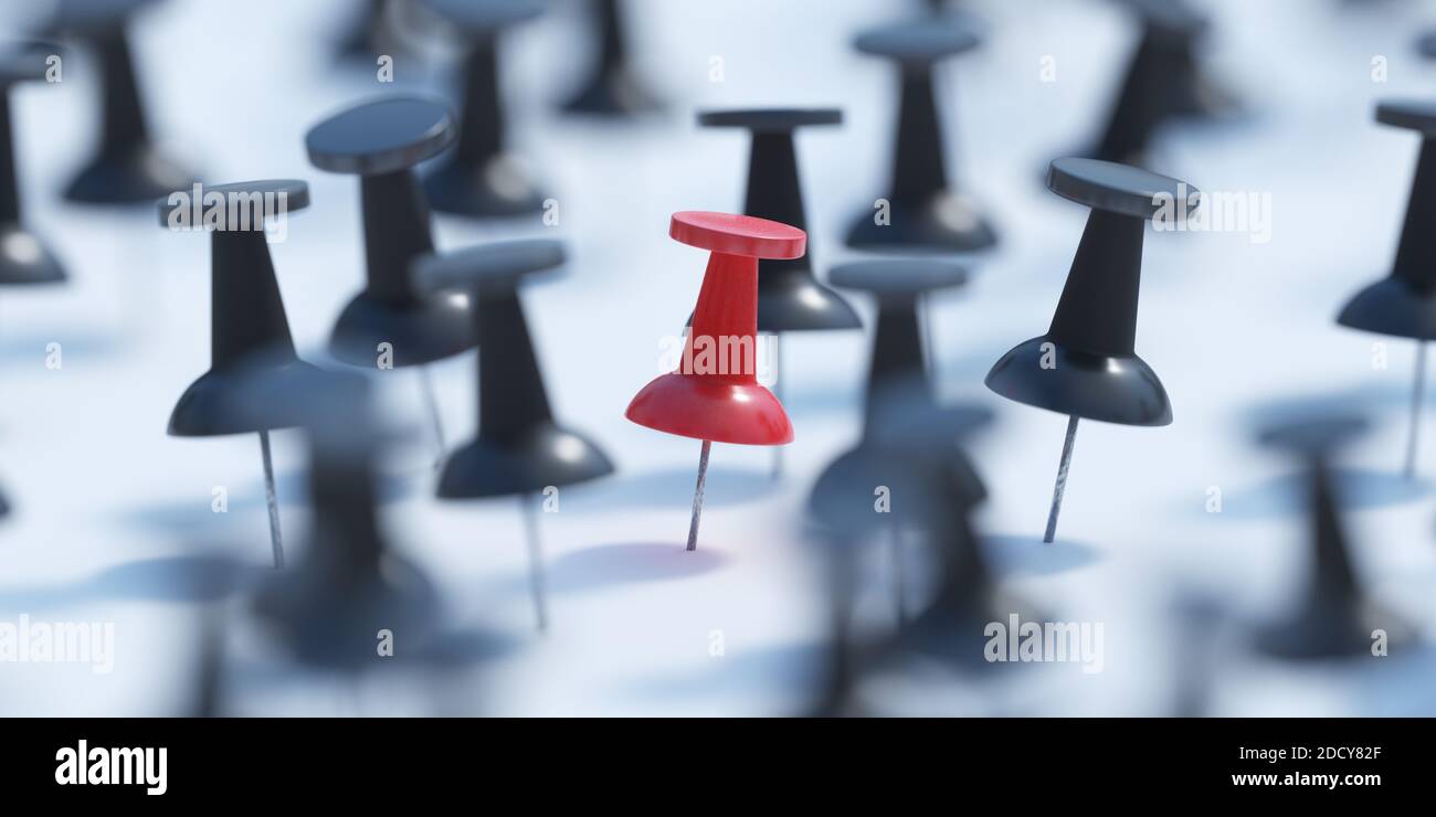 Difference concept. Red pushpin or thumbtack and many black ones. 3D ...