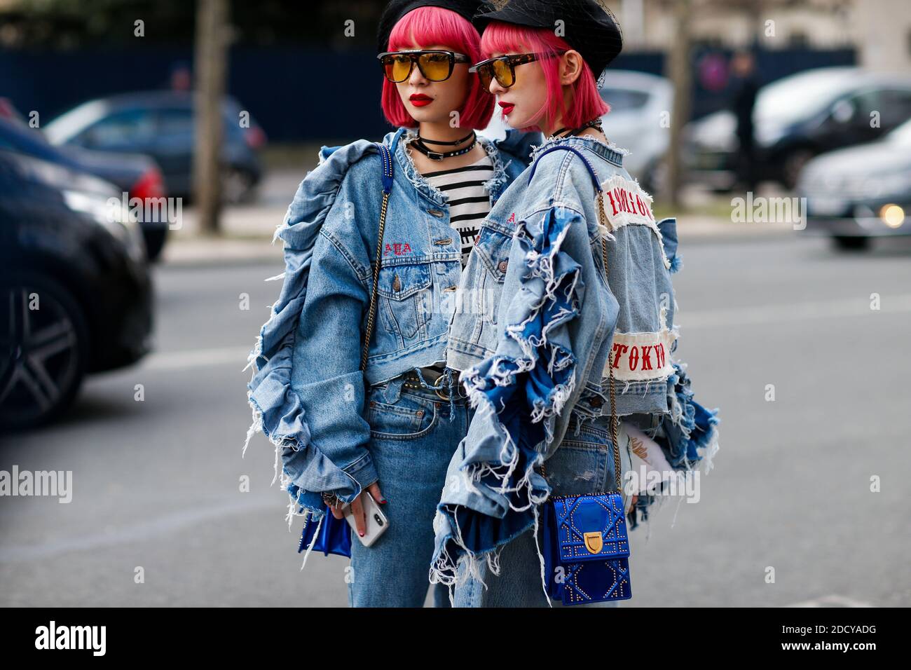 Street style, twin sisters Ami and Aya Suzuki (Amiaya) arriving at Dior ...