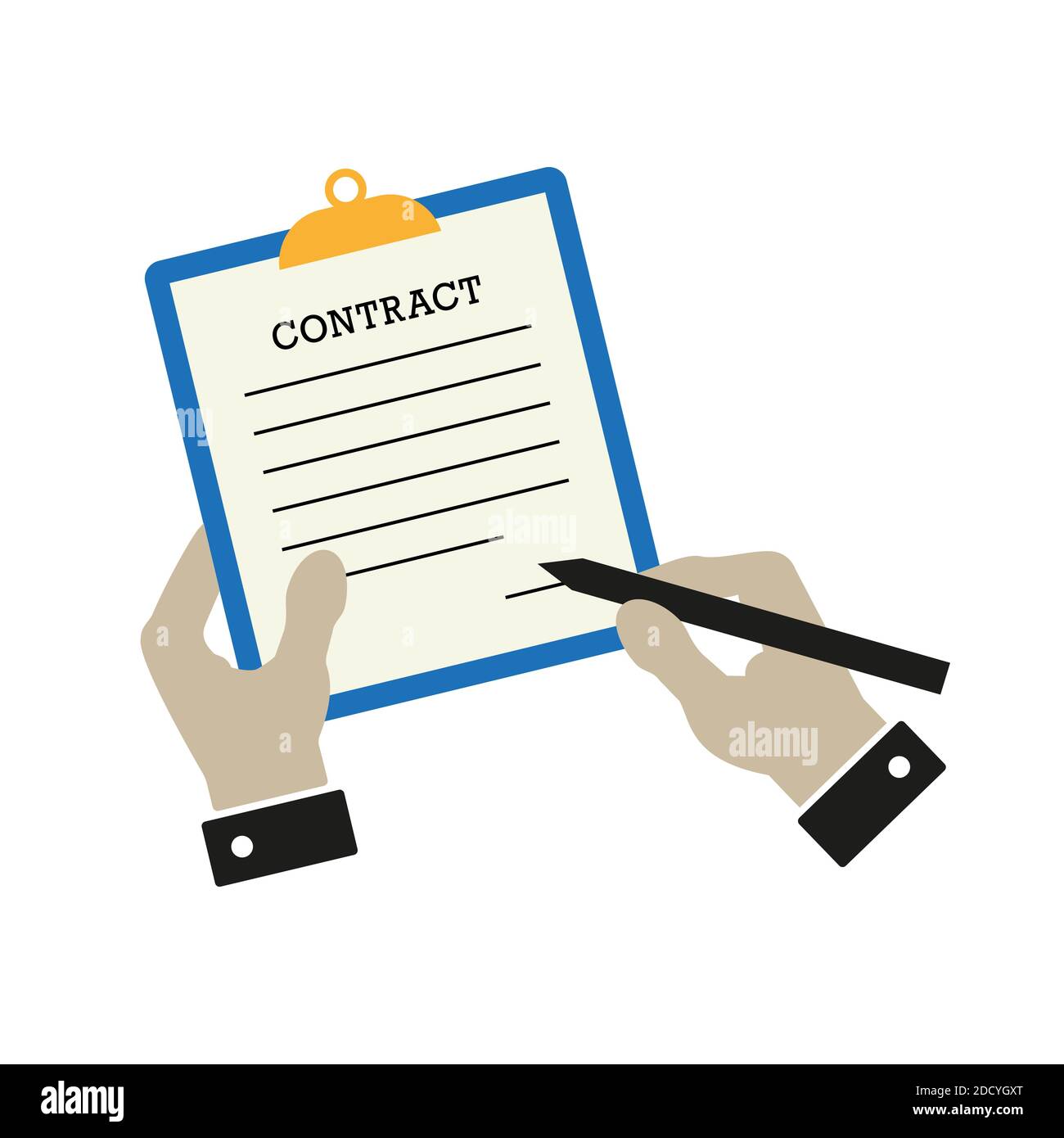 Contract signing. Left hand holds a document, the right one signs. Flat ...