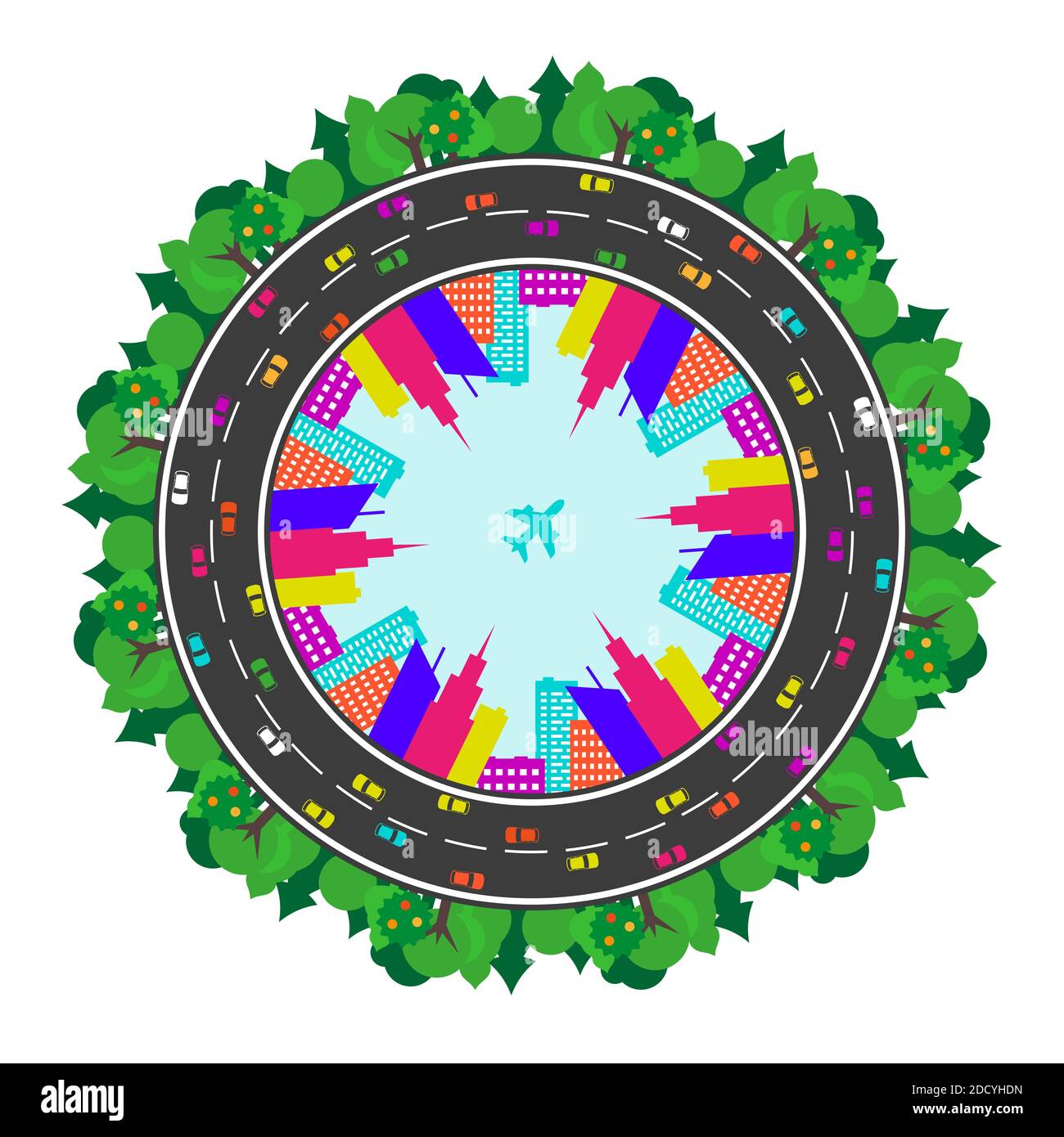 Big city and ring road. Little planet style. Flat illustration isolated ...