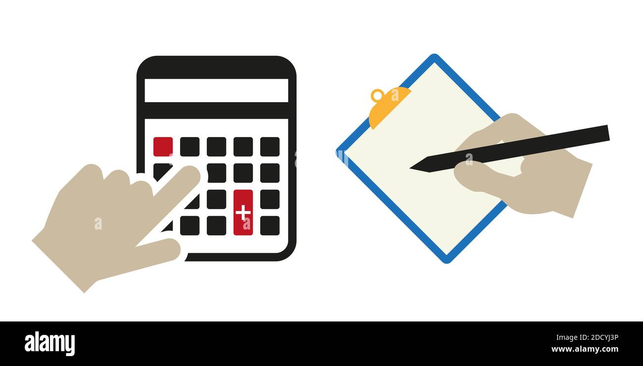 The hand is counting on a calculator, the other hand is writing on a ...