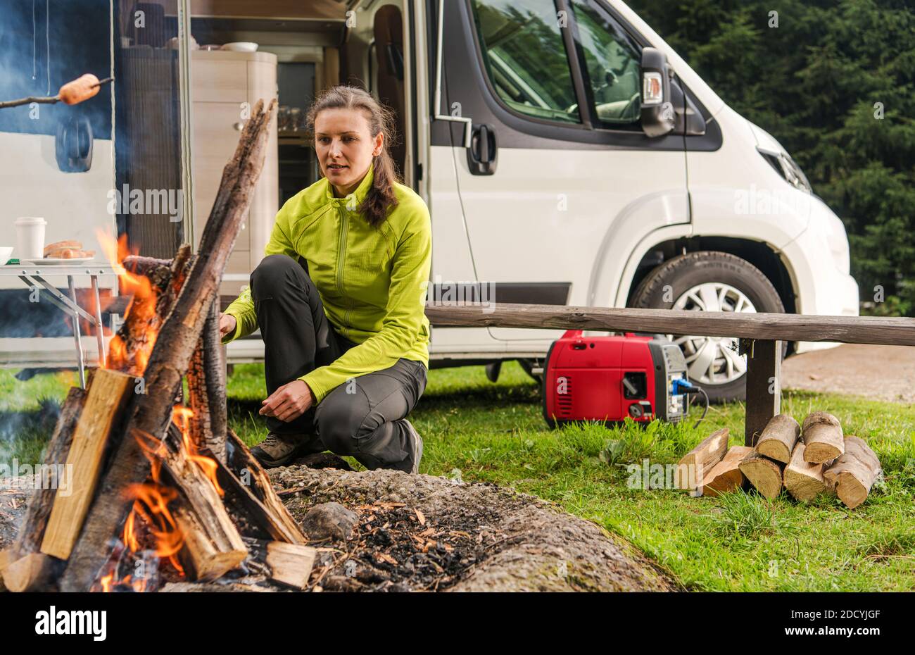 Single Caucasian Woman in Her 30s with RV Camper Van Motorhome, Camping ...