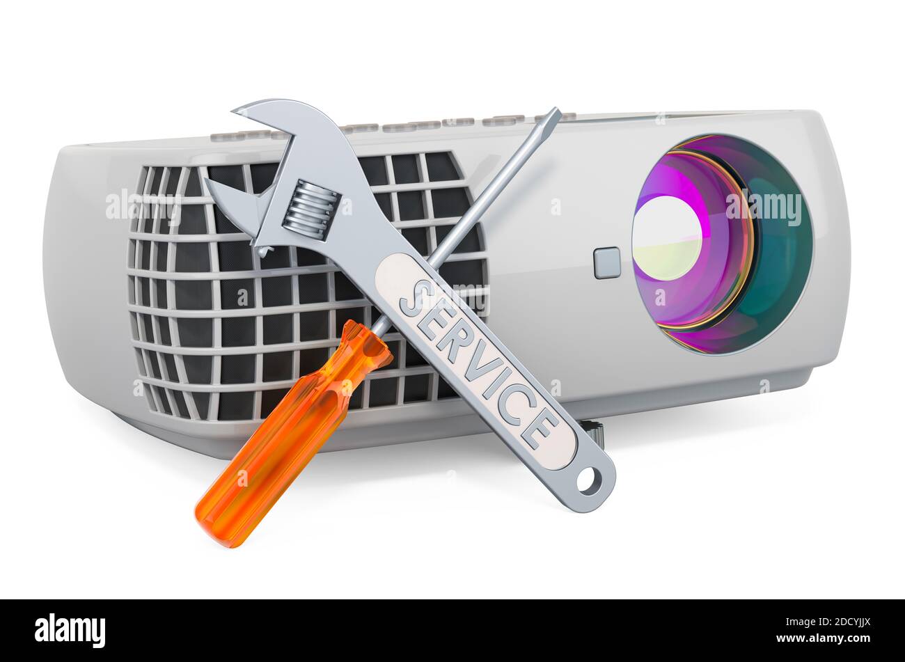 Service and repair of image projector, 3D rendering isolated on white ...