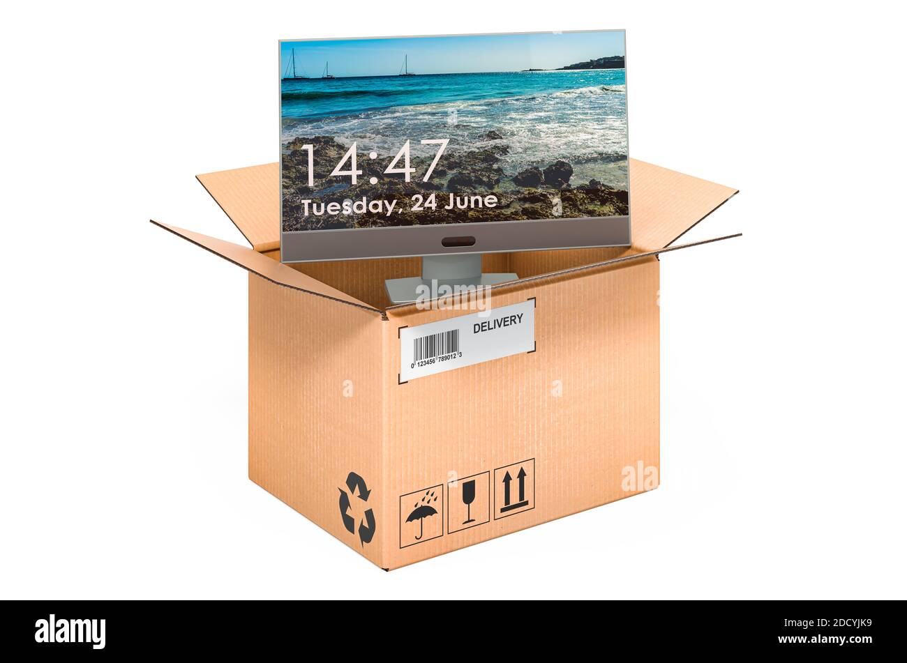Computer monitor inside cardboard box, delivery concept. 3D rendering ...