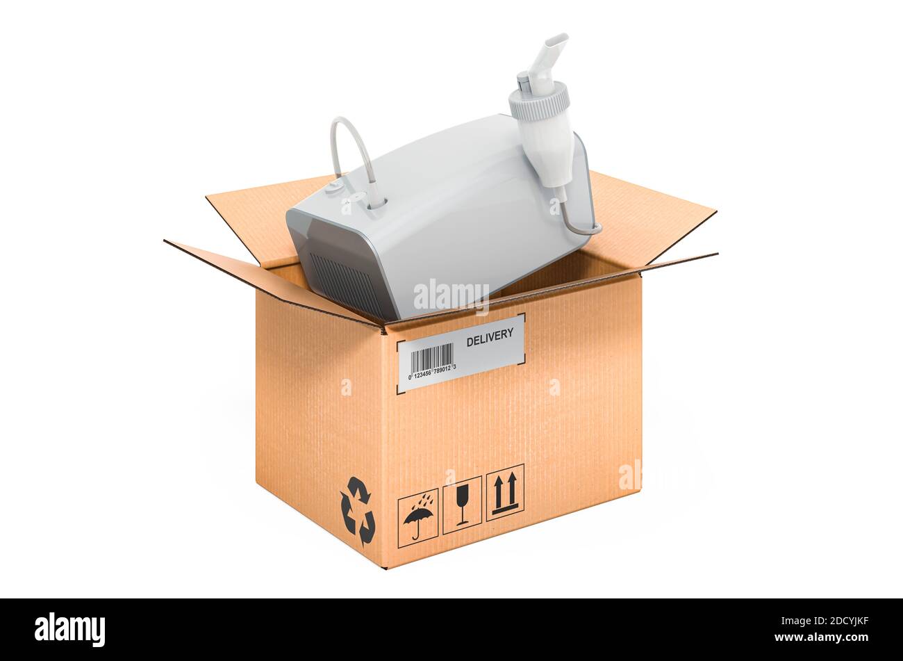 Inhaler, nebulizer inside cardboard box, delivery concept. 3D rendering ...
