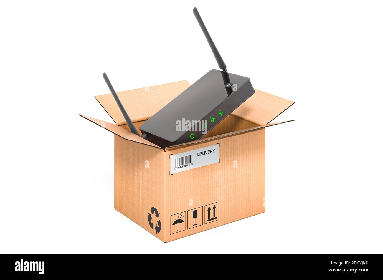 Router inside cardboard box, delivery concept. 3D rendering isolated on ...