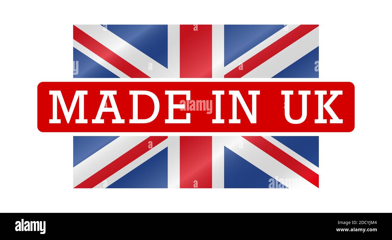 Made in UK, United Kingdom label bagde. Waving Union Jack flag ...