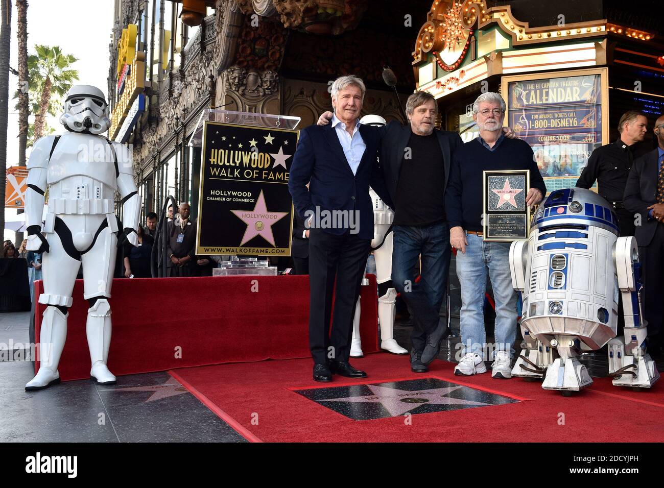 Harrison Ford and George Lucas attend the ceremony honoring Mark Hamill ...