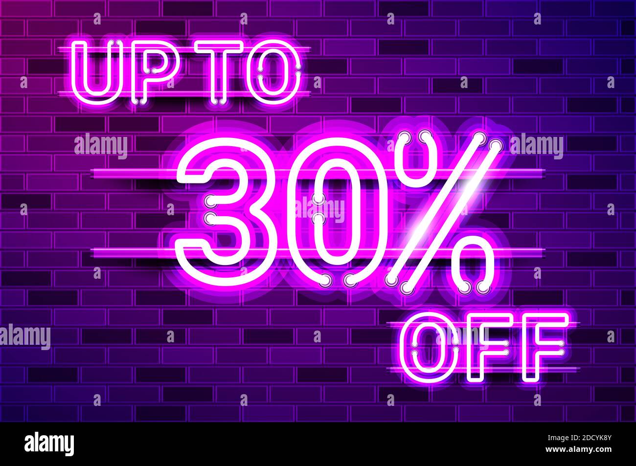 UP TO 30 percent OFF glowing neon lamp sign. Realistic illustration ...
