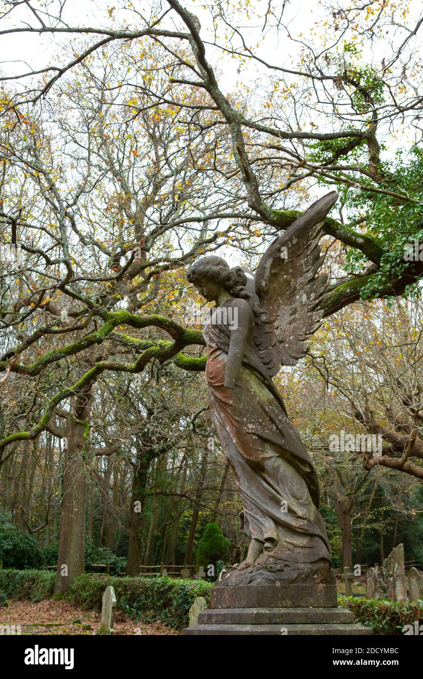 Angel statue overlooking graves in church cemetery Stock Photo - Alamy