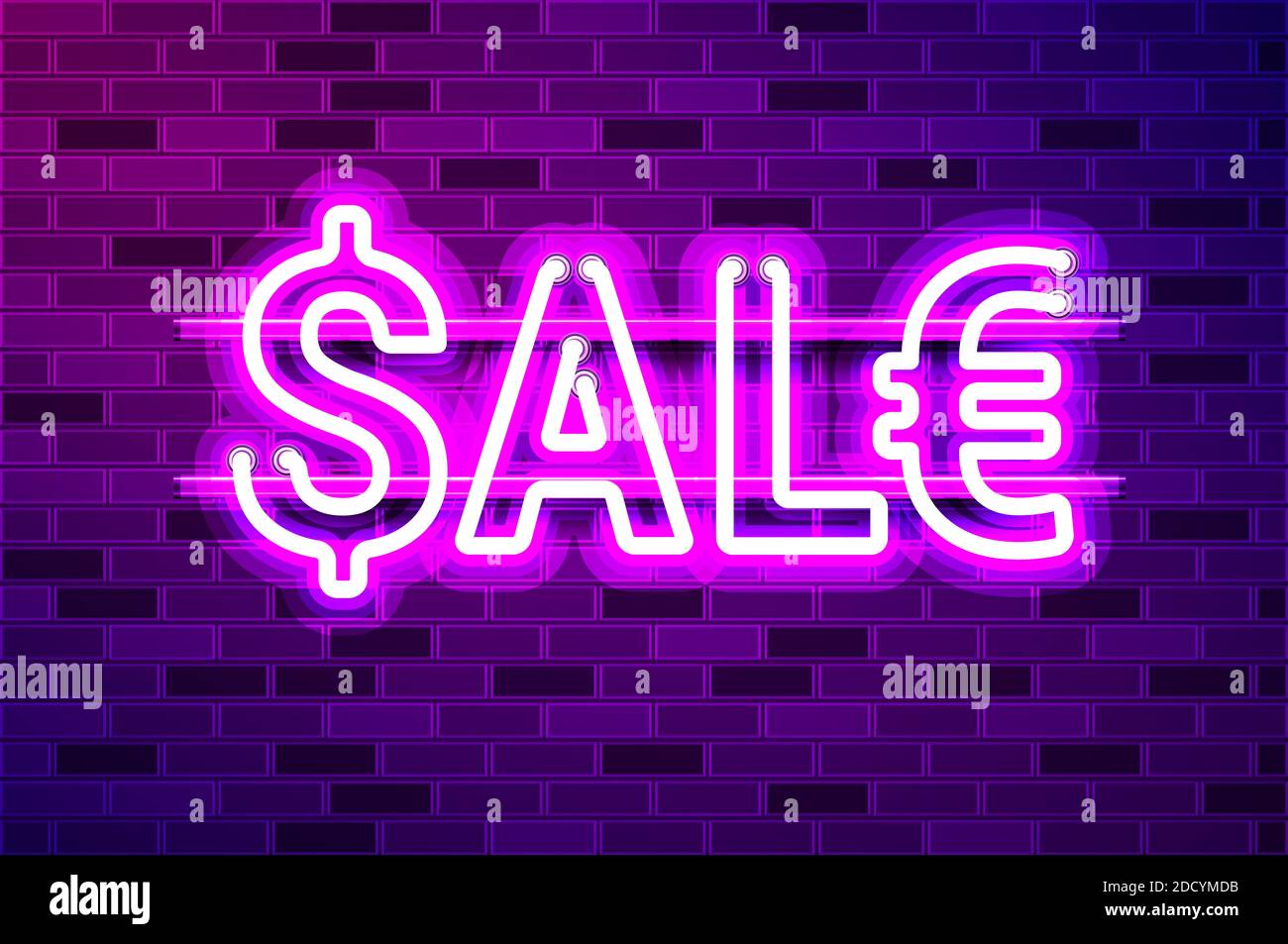 SALE text with dollar and euro signs glowing neon lamp sign. Realistic ...