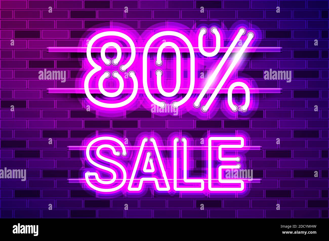 80 percent SALE glowing neon lamp sign. Realistic illustration. Purple ...