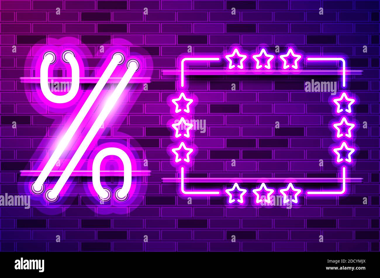 Large percent symbol with empty starred frame glowing neon lamp sign ...