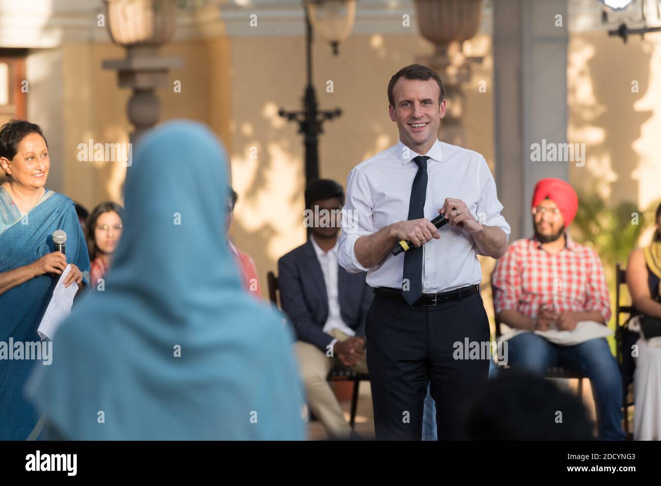 French President Emmanuel Macron Macron talking with India's students ...