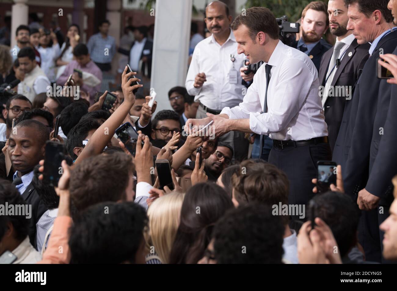 French President Emmanuel Macron Macron talking with India's students ...