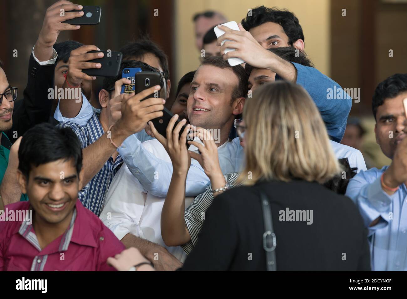 French President Emmanuel Macron Macron talking with India's students ...
