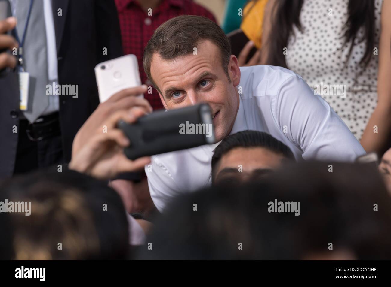 French President Emmanuel Macron Macron talking with India's students ...