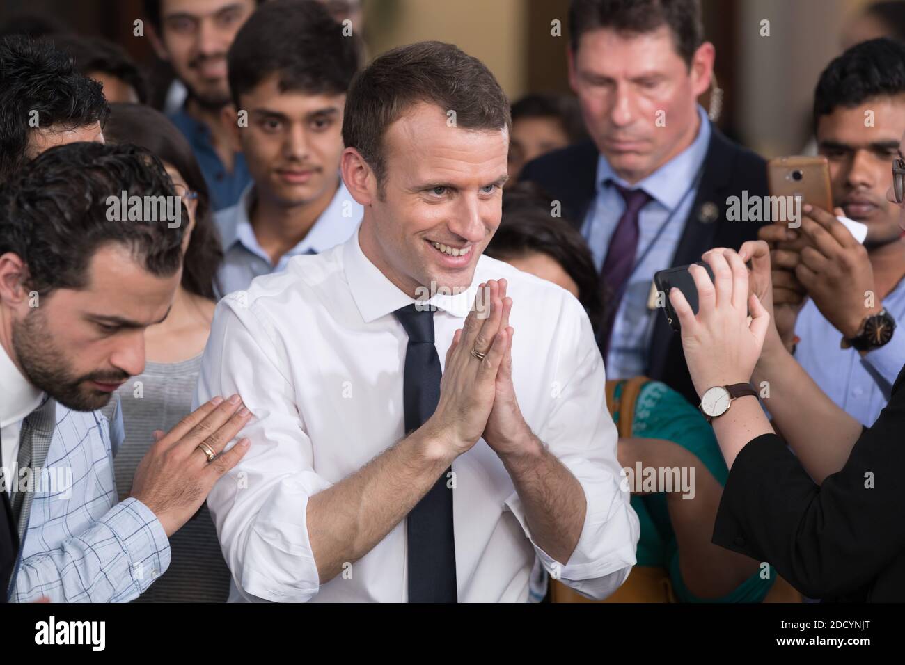 French President Emmanuel Macron Macron talking with India's students ...