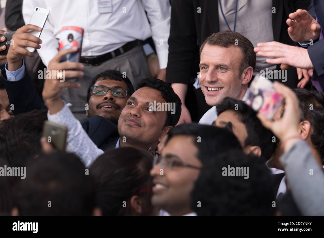 French President Emmanuel Macron Macron talking with India's students ...