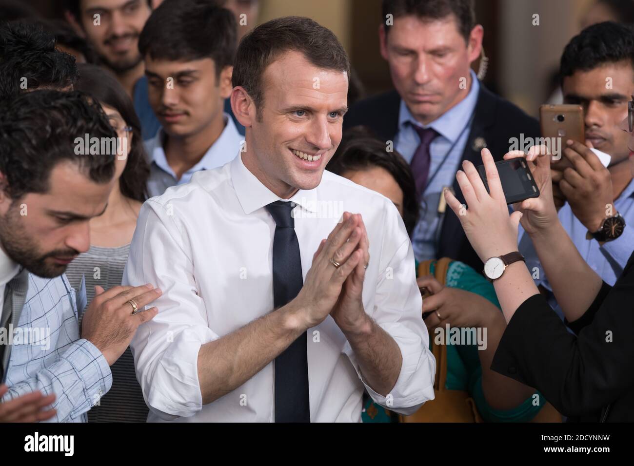 French President Emmanuel Macron Macron talking with India's students ...