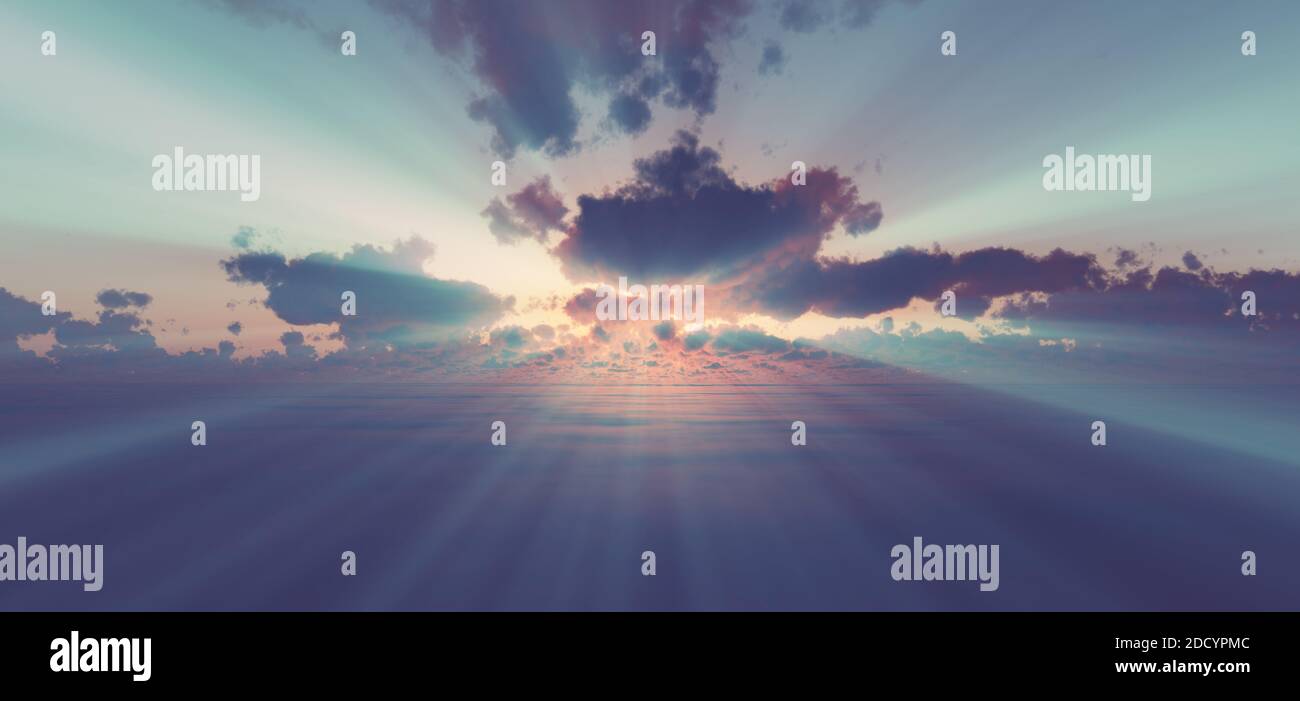 fly above clouds sunset 3d render illustration Stock Photo - Alamy