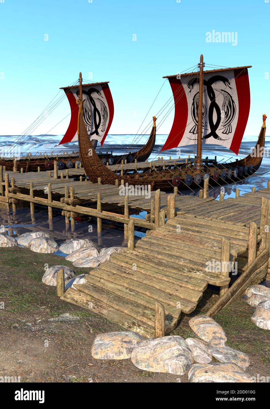 3D rendering of two vikings medieval boats on blue sky and ocean ...
