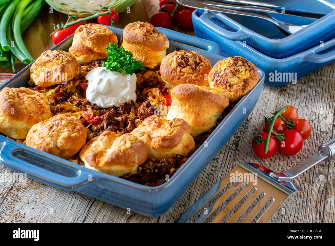 Irish cobbler with scones. Minced pork and beef meat with cabbage ...