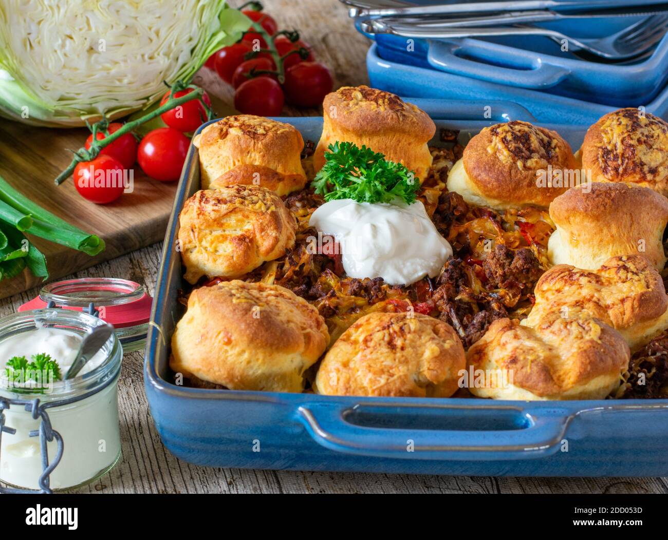 Irish cobbler with scones. Minced pork and beef meat with cabbage ...