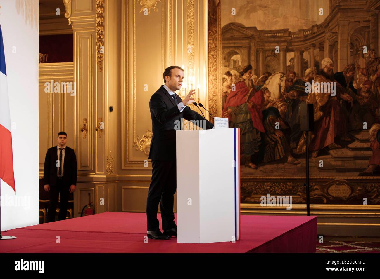 French President Emmanuel Macron arrives to deliver a speech to French ...