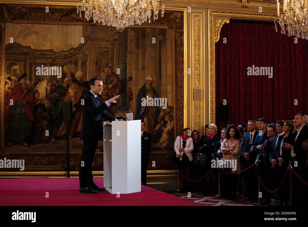 French President Emmanuel Macron arrives to deliver a speech to French ...